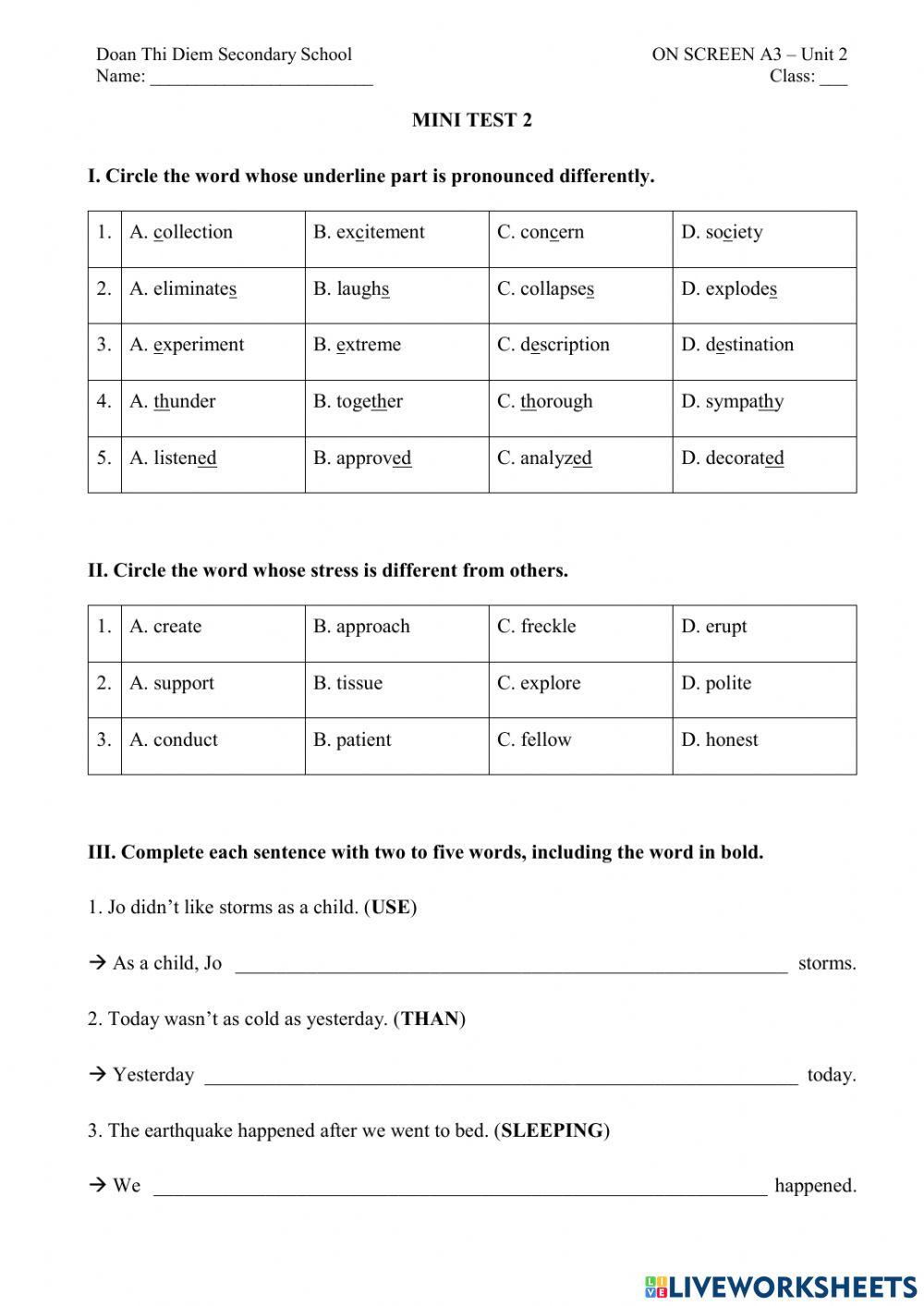 8S1, 8S2 mini test online exercise for | Live Worksheets