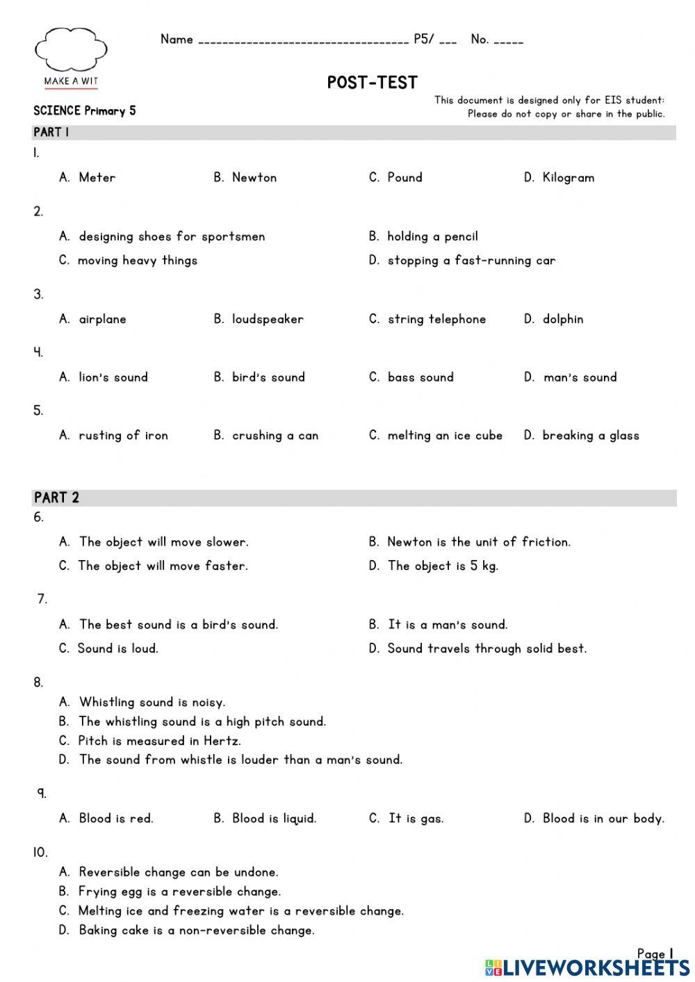 EIS P5 Post-test Science by Teacher Gym 1484474 | Gymily