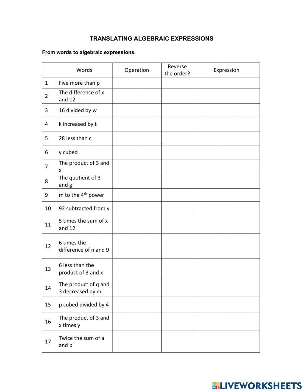 Translating Alg… | Free Interactive Worksheets | 1484817