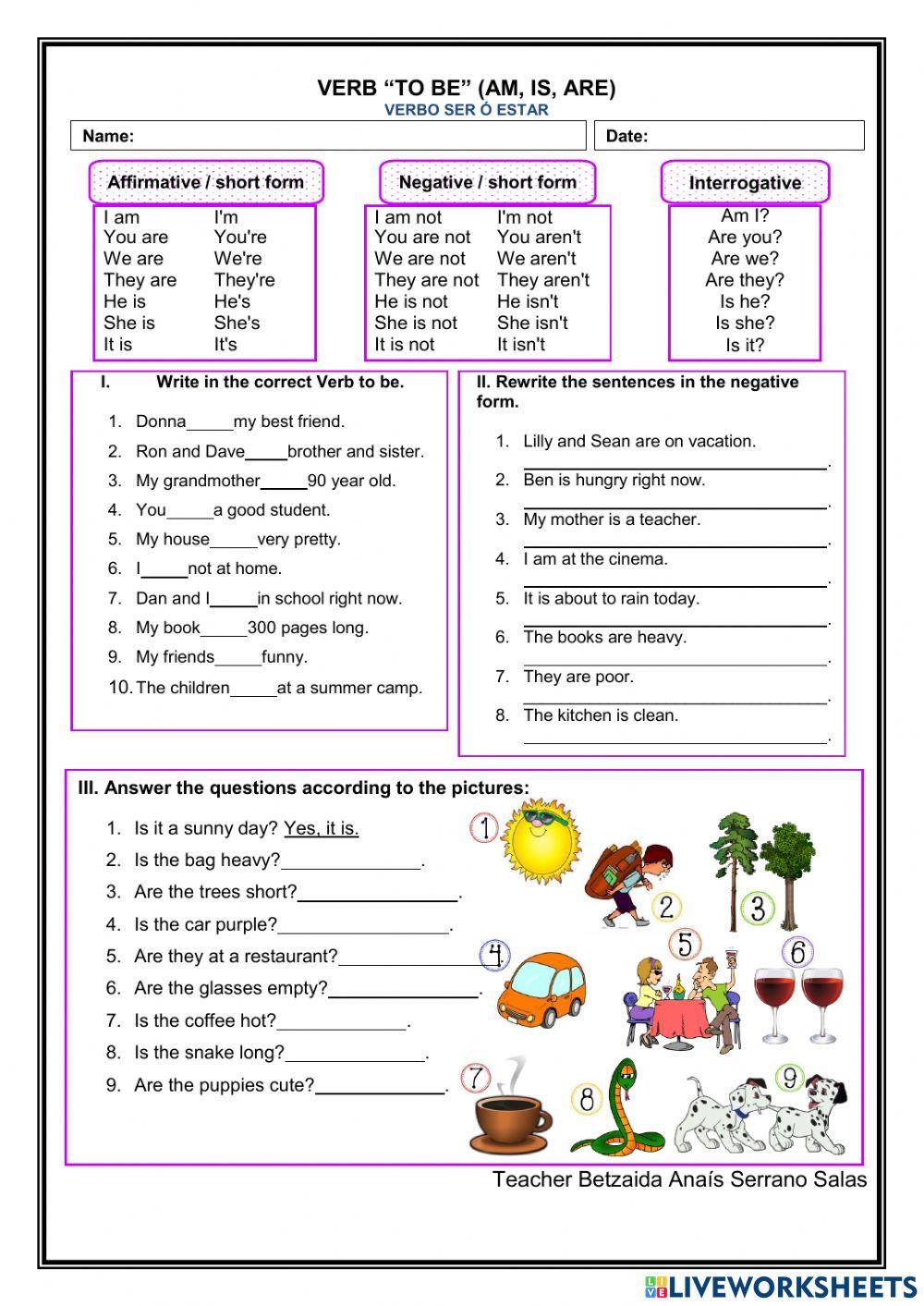 Activity 4. Verb to be (affir, neg, int) 1st grade online exercise for ...