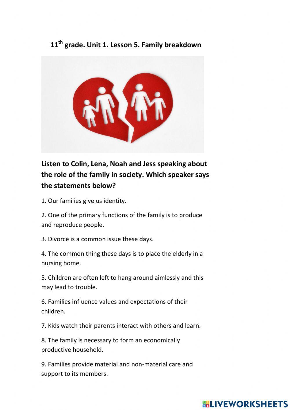 11th grade. Unit 1. Lesson 5. Family Breakdown worksheet | Live Worksheets