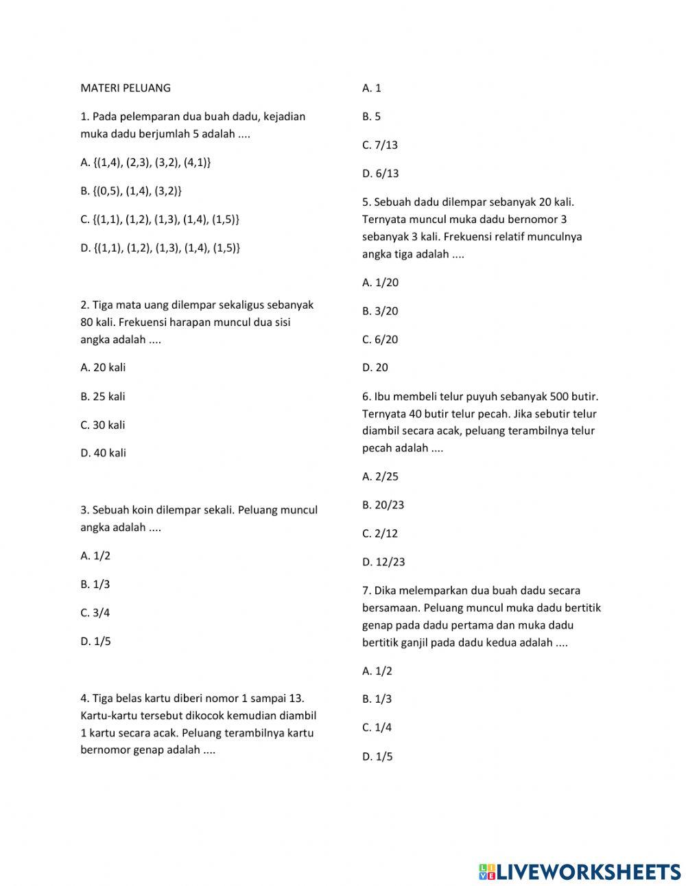 Pdf online worksheet: Peluang | Live Worksheets
