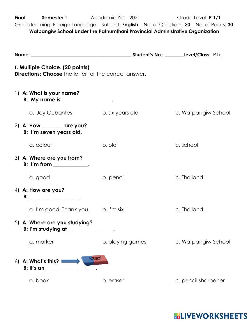 P1 ENGLISH Final Test Term 1 worksheet | Live Worksheets