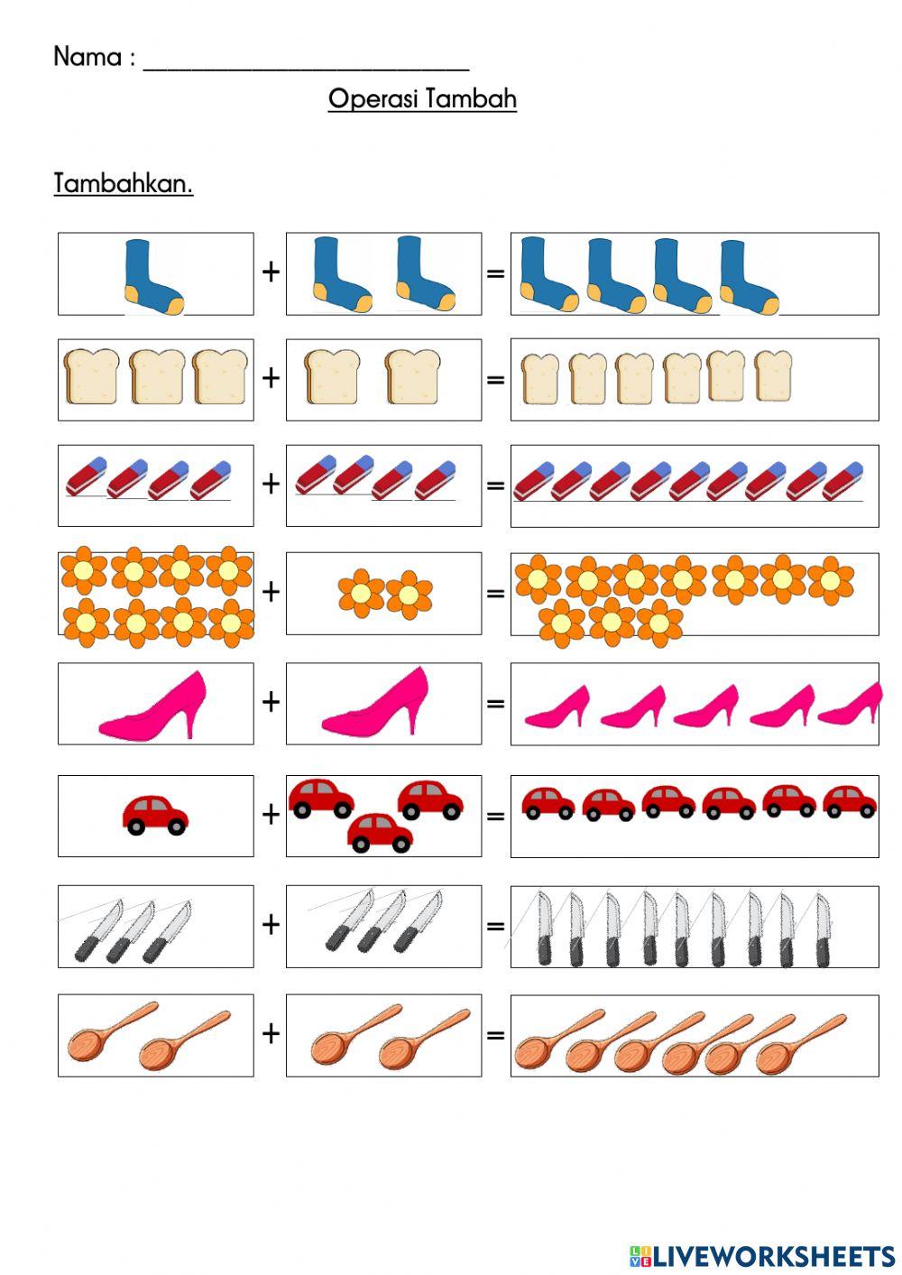 Operasi tambah online exercise for prasekolah | Live Worksheets