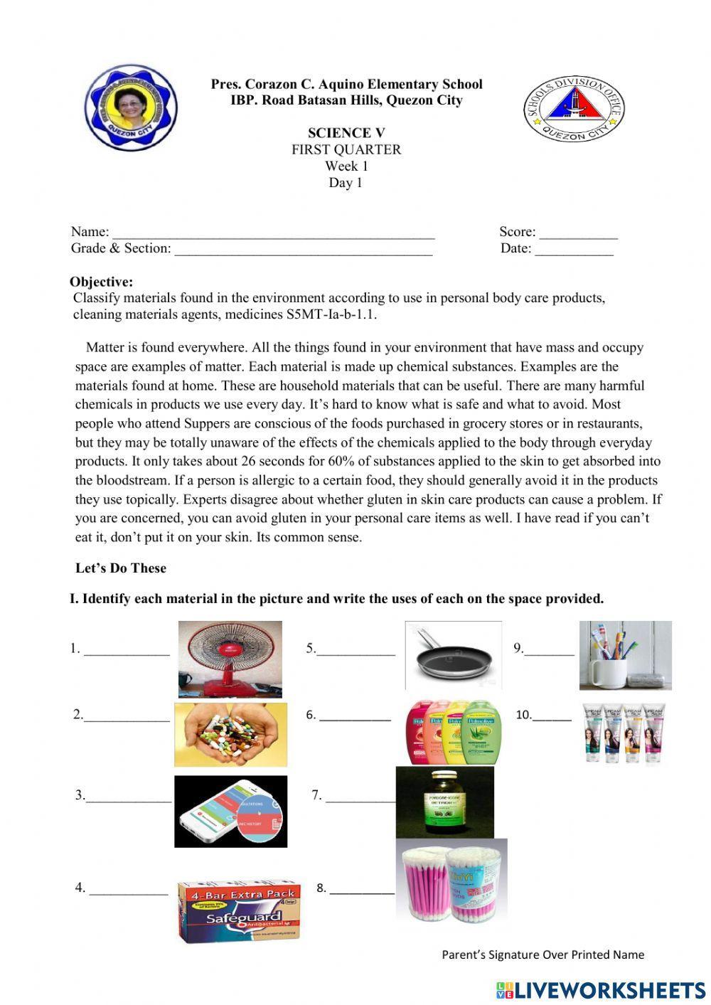 First quarter week 1 day 1 worksheet | Live Worksheets