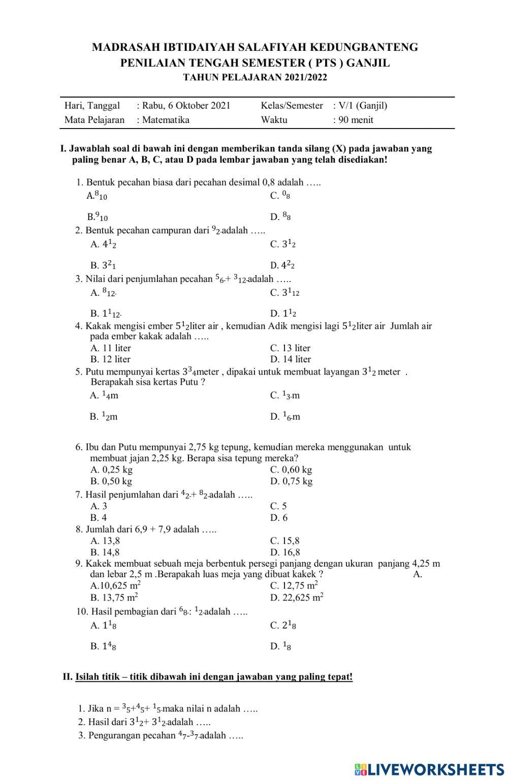 PTS Ganjil MTK 5 worksheet | Live Worksheets PTS Ganjil MTK 5 worksheet | Live Worksheets
