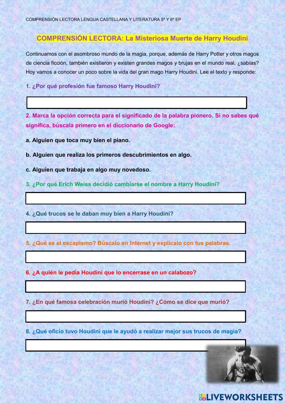 La Misteriosa Muerte de Harry Houdini worksheet | Live Worksheets
