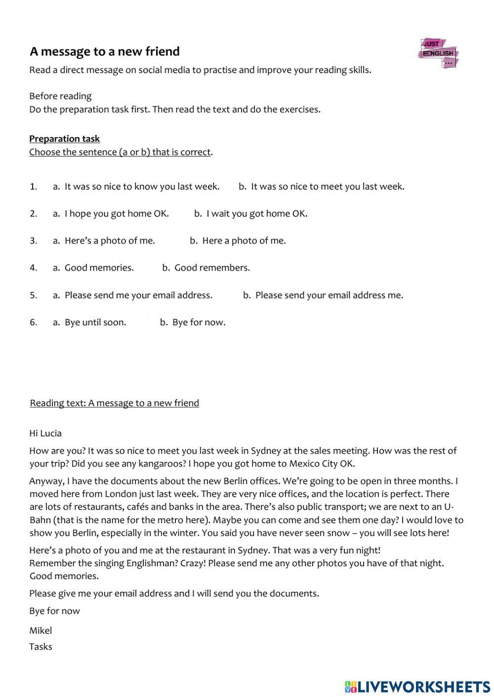 Reading exercise worksheet for a2 | Live Worksheets