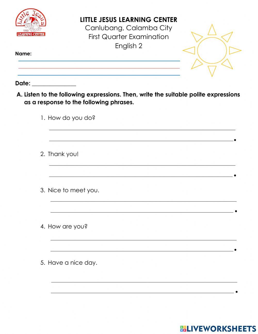 Grade 2- First Quarter Exam 1488479 | Jean Murphy Bagtas
