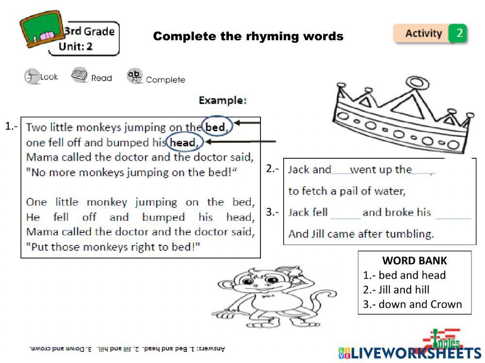 Rhyming words online exercise for 3rd | Live Worksheets
