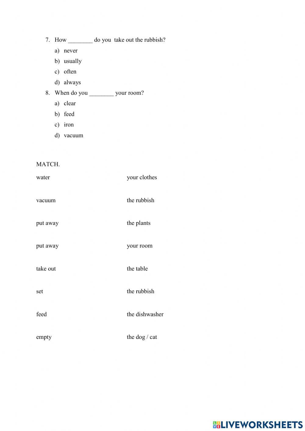 Household chores interactive worksheet for Intermediate | Live Worksheets