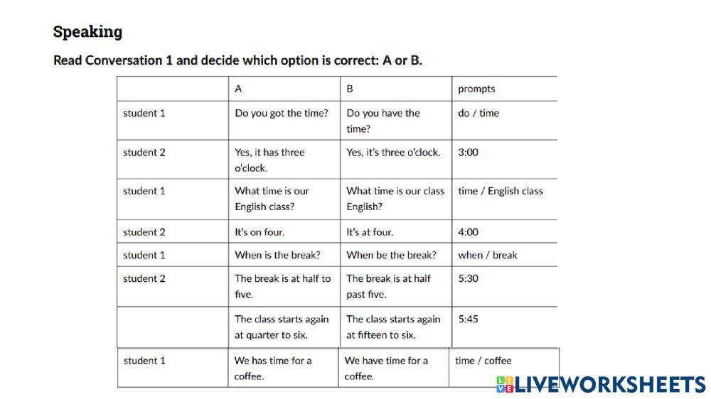 Speaking telling time worksheet | Live Worksheets