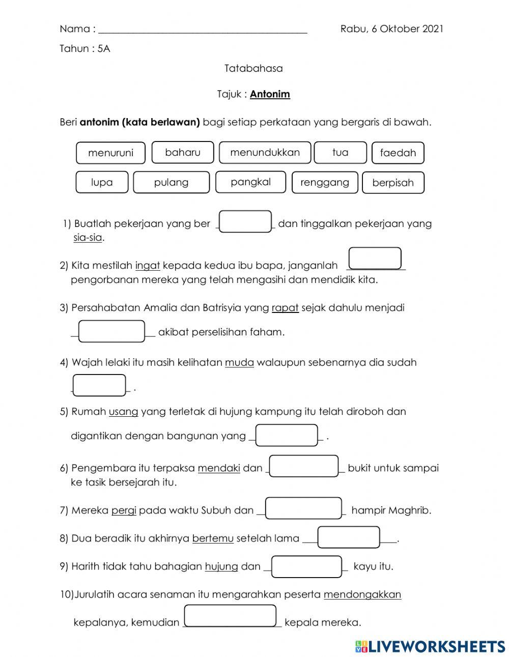Antonim activity for tahun 5 | Live Worksheets