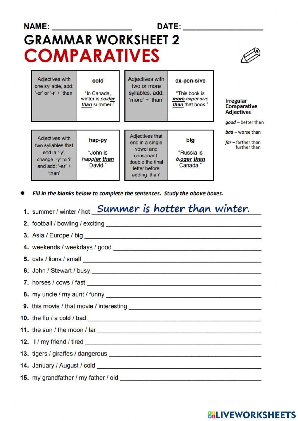 Oct 6th: Comparatives worksheet | Live Worksheets