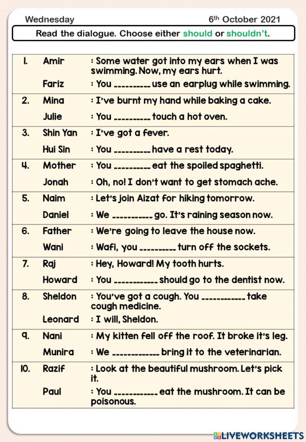 CEFR Year 4 - Module 10 - Should, shouldn't worksheet | Live Worksheets