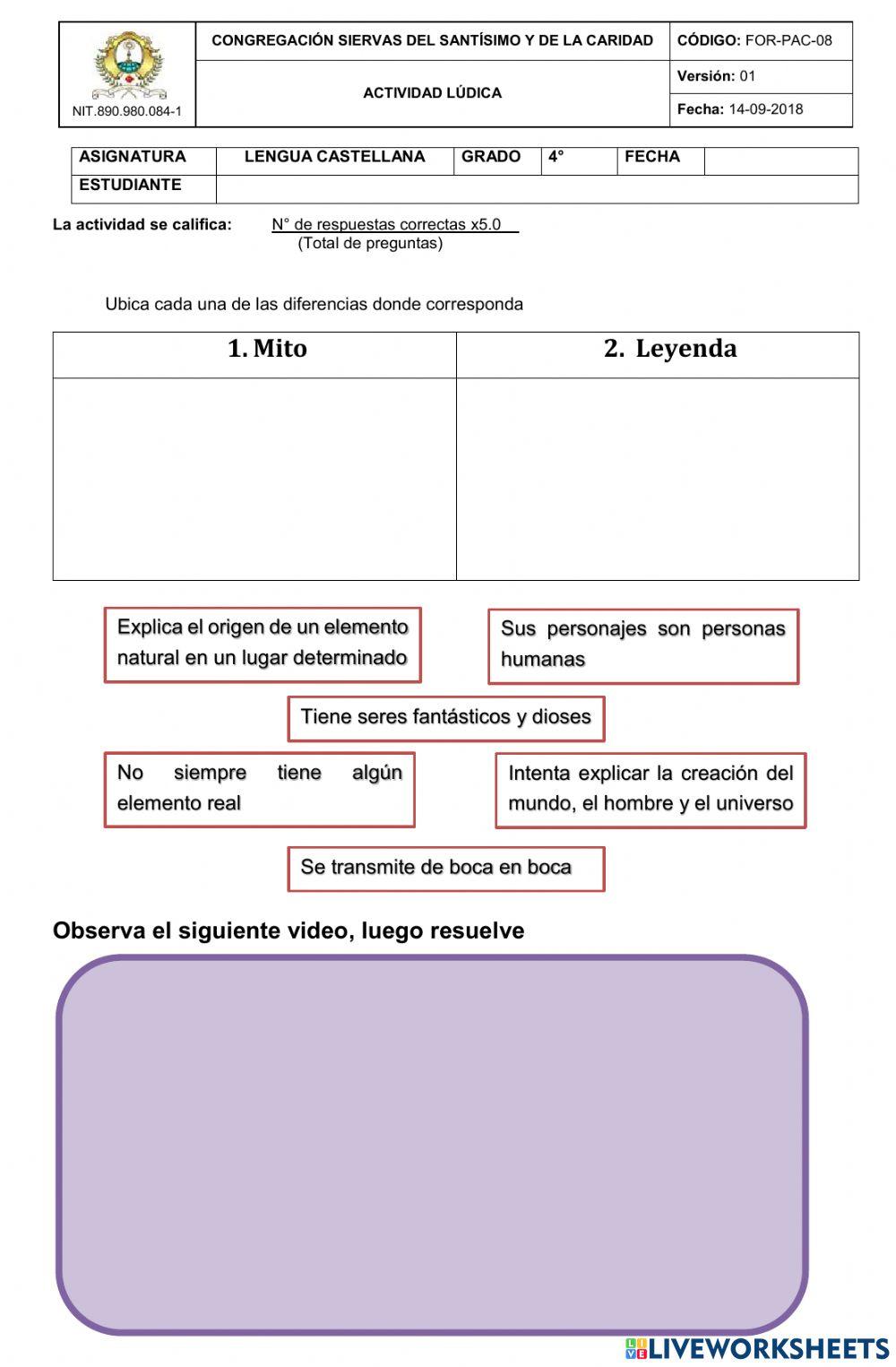 Mito, leyenda y biografía worksheet | Live Worksheets