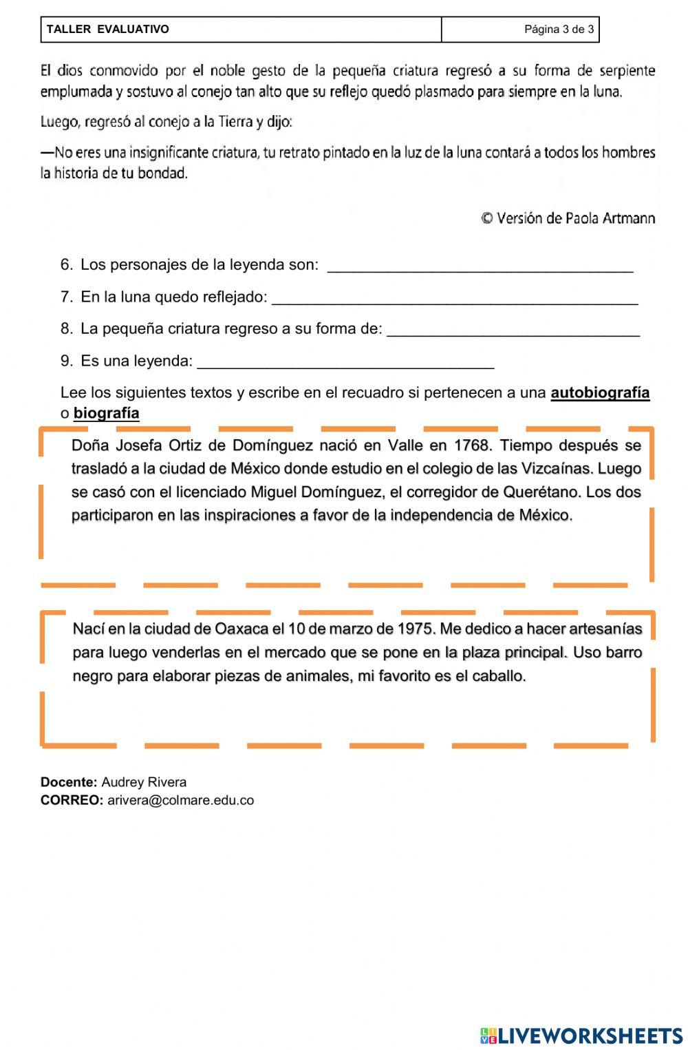 Mito, leyenda y biografía worksheet | Live Worksheets