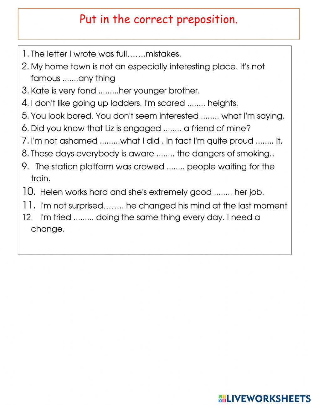 Adjective + Preposition exercise | Live Worksheets