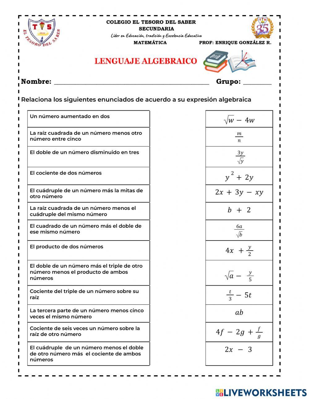 Lenguaje algebraico online pdf worksheet | Live Worksheets