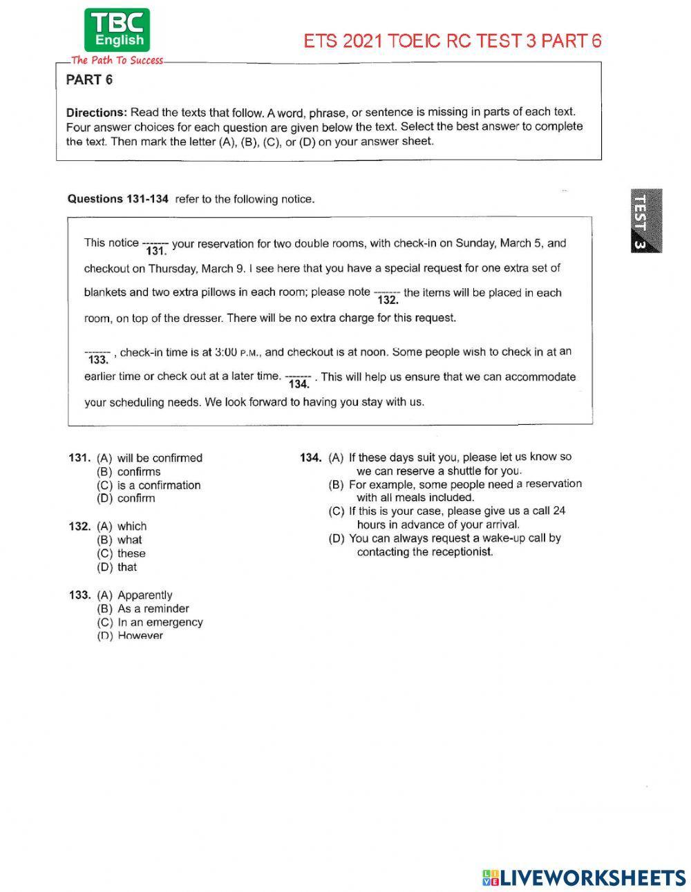 ETS 2021 TOEIC RC TEST 3 PART 6 worksheet | Live Worksheets