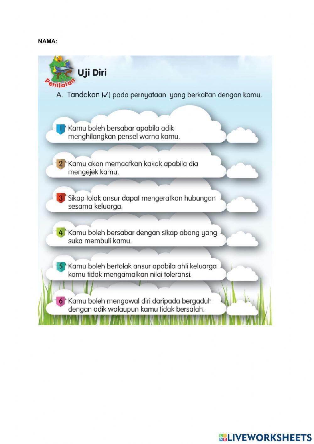 P. Moral Tahun 2: Uji DIri SIkap Toleransi worksheet | Live Worksheets