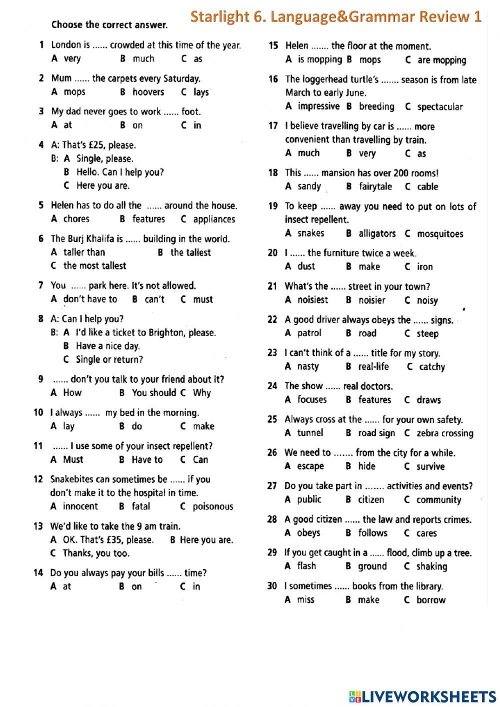 Starlight 6. Language-Grammar Review 1 online exercise for | Live ...