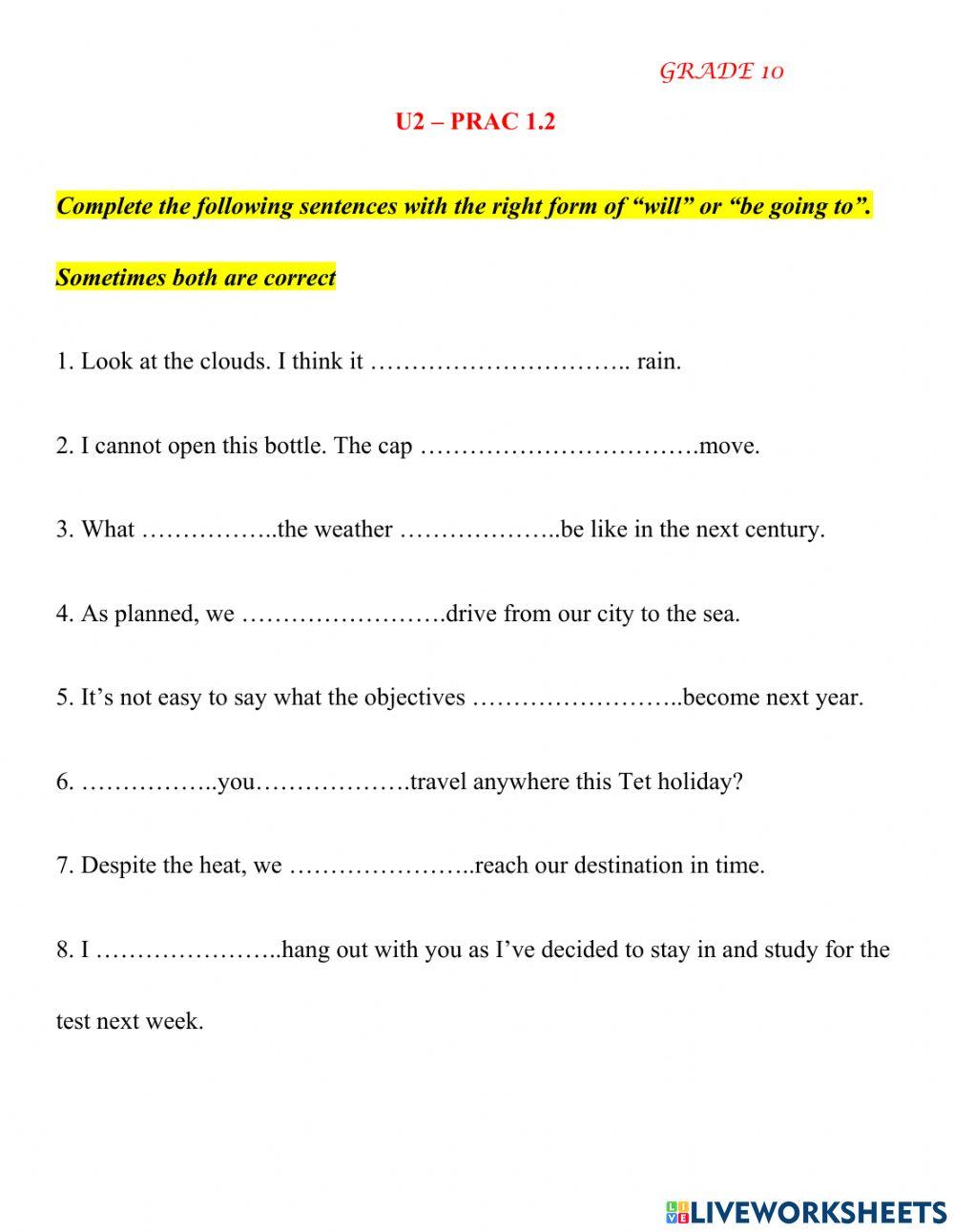 U2- Practice 1.2 worksheet | Live Worksheets