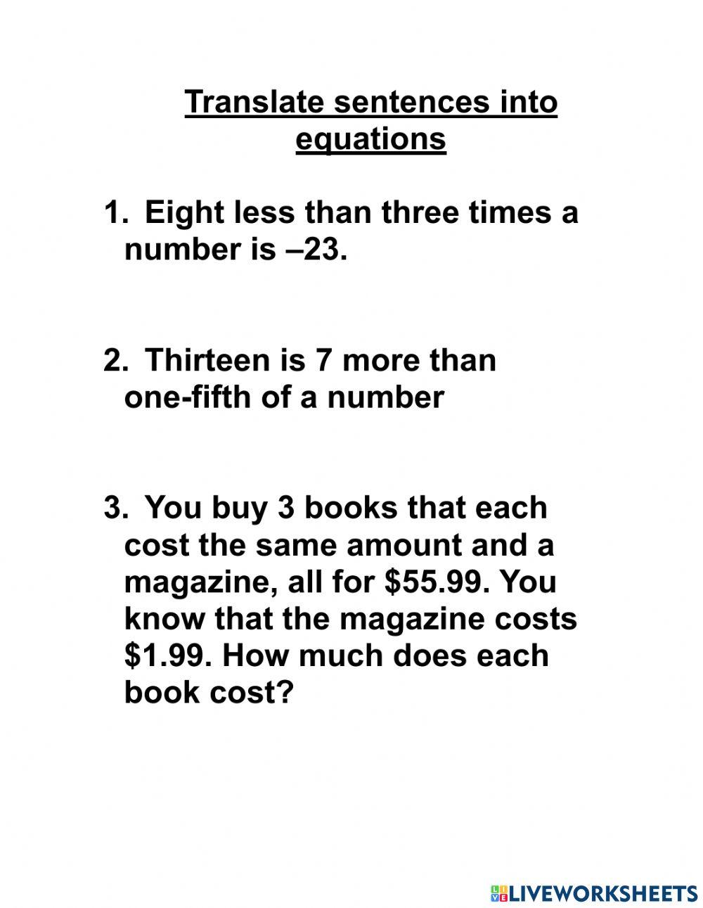 Translating Mathematical Sentences Into Equations Worksheet: A Guide Translating Mathematical Sentences Into Equations Worksheet: A Guide