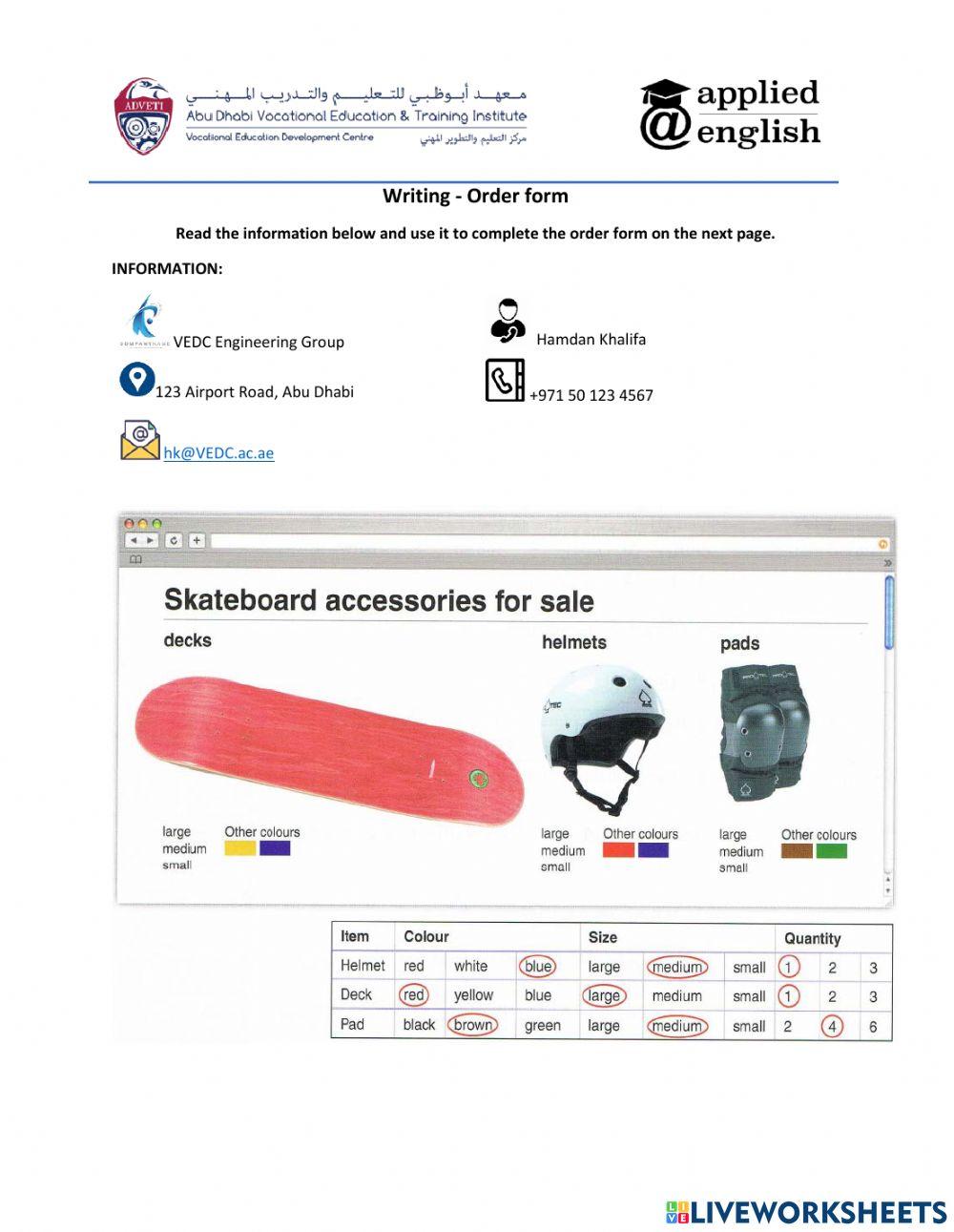Filling in an order form worksheet | Live Worksheets
