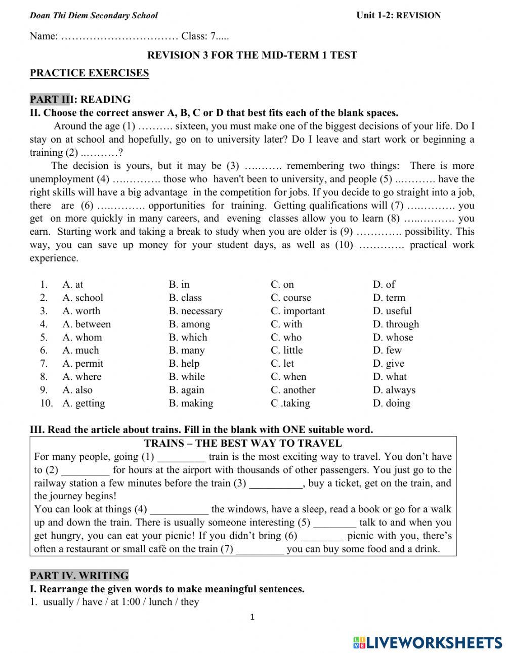 Revision 4 online exercise for Grade 7 | Live Worksheets