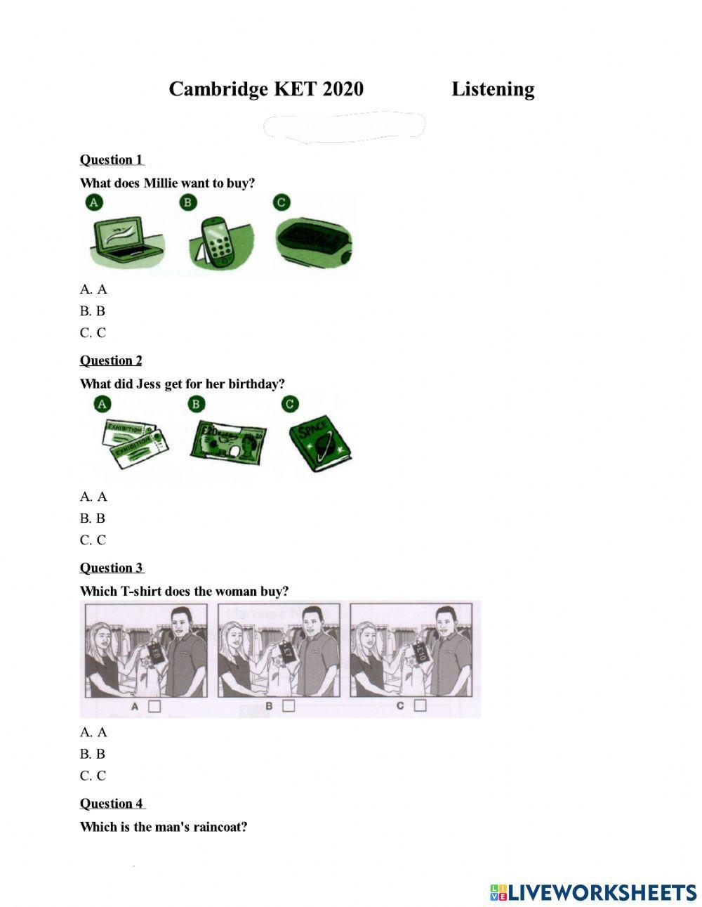 Grade 6 KET Listening OCt 614 worksheet | Live Worksheets