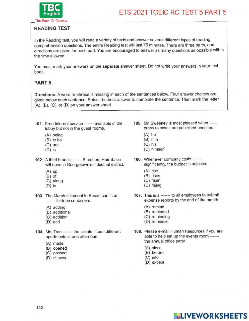 ETS 2021 TOEIC RC TEST 5 PART 5 online exercise for | Live Worksheets