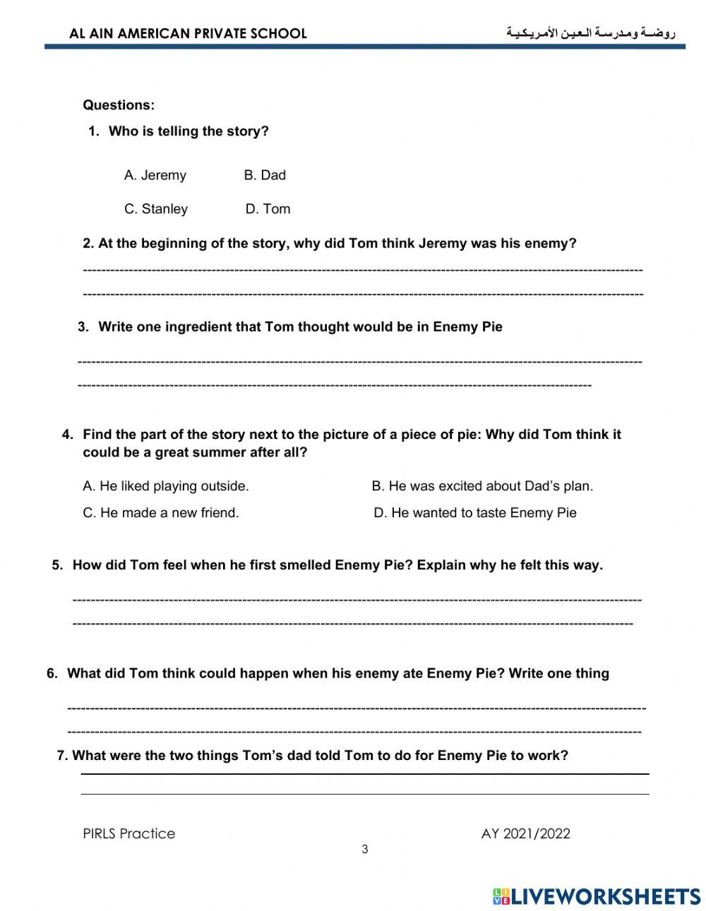 Pirls 3 worksheet | Live Worksheets
