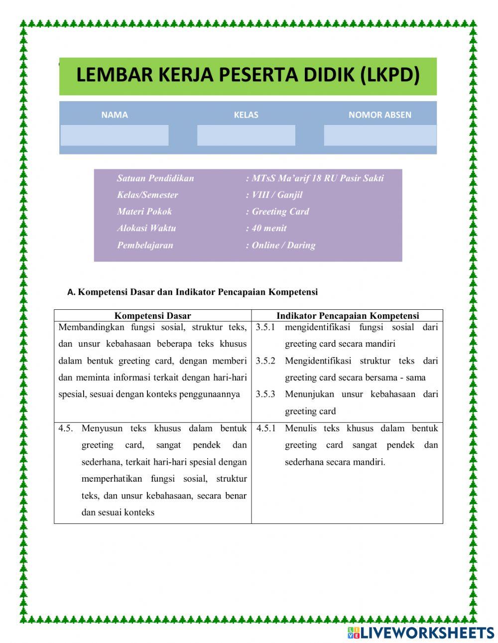 Greeting Card Student's Worksheet worksheet | Live Worksheets