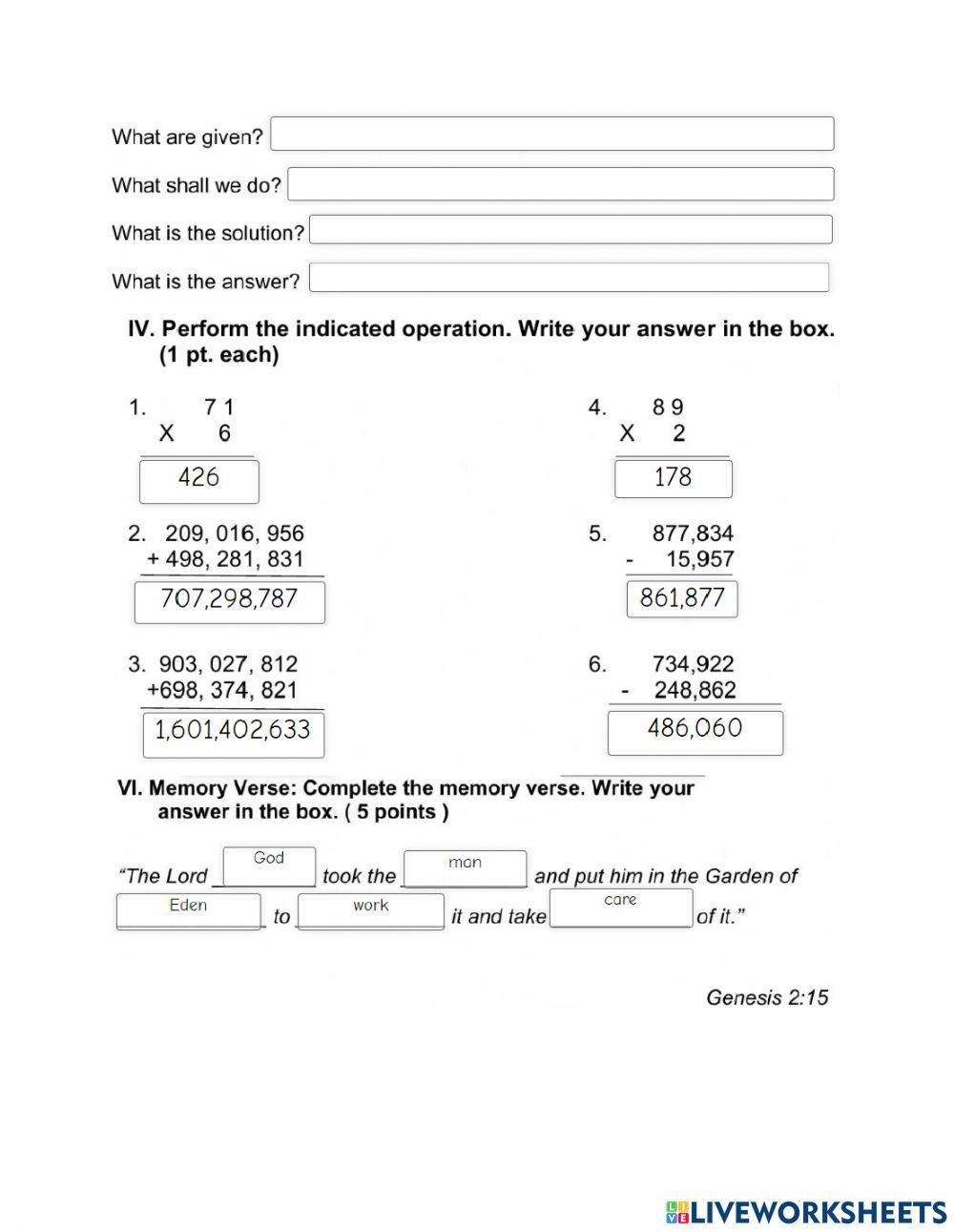 Grade 4 - 1st Quarter Exam - Math online exercise for | Live Worksheets