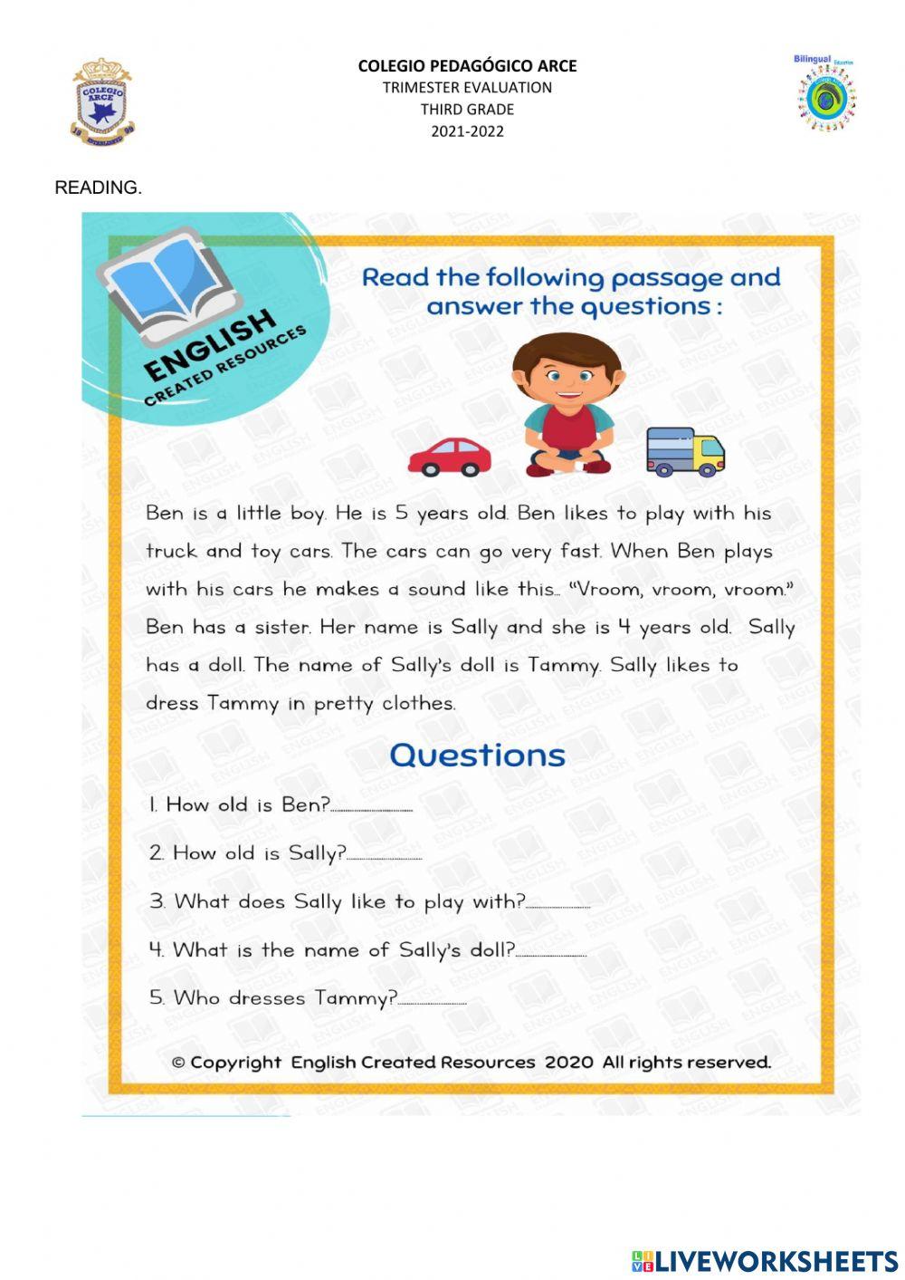 READING EVALUATION online exercise for | Live Worksheets