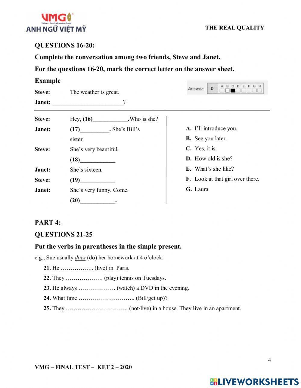 KET 2 - FINAL TEST (READING AND WRITING) worksheet | Live Worksheets