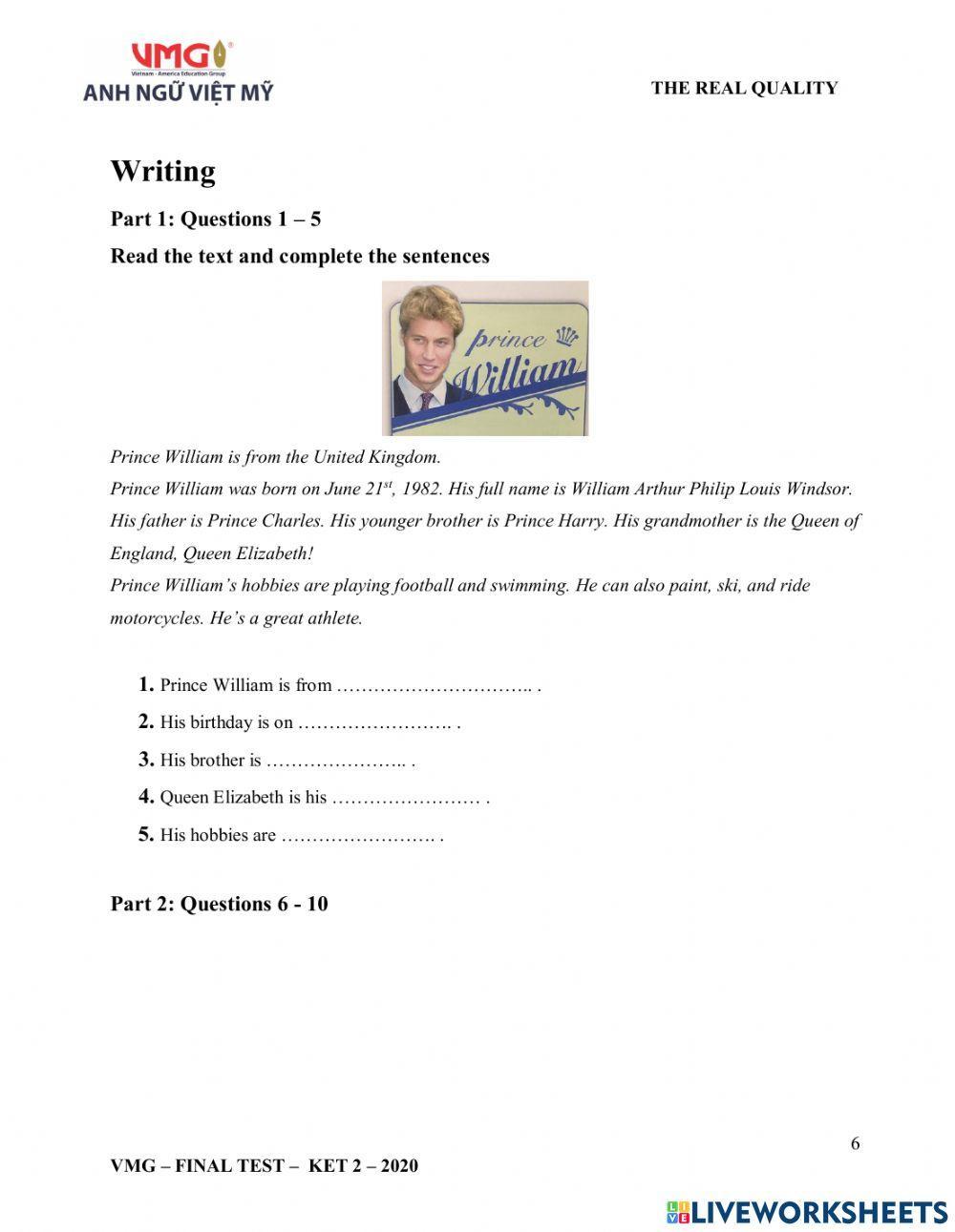 KET 2 - FINAL TEST (READING AND WRITING) worksheet | Live Worksheets