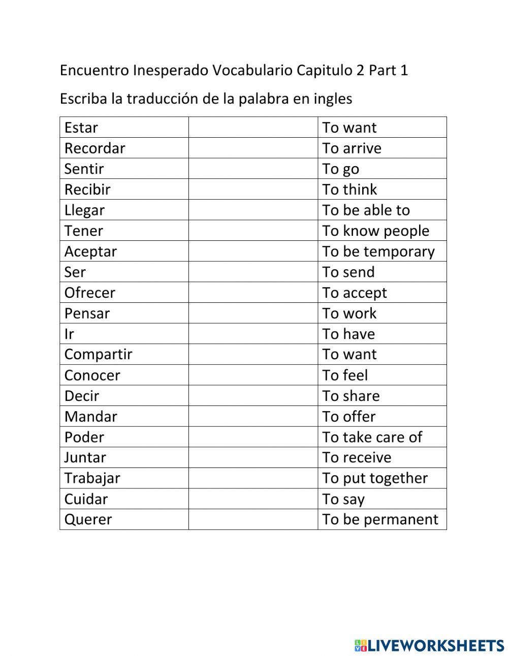 Encuentro Inesperado Capitulo 2 Vocabulario worksheet | Live Worksheets
