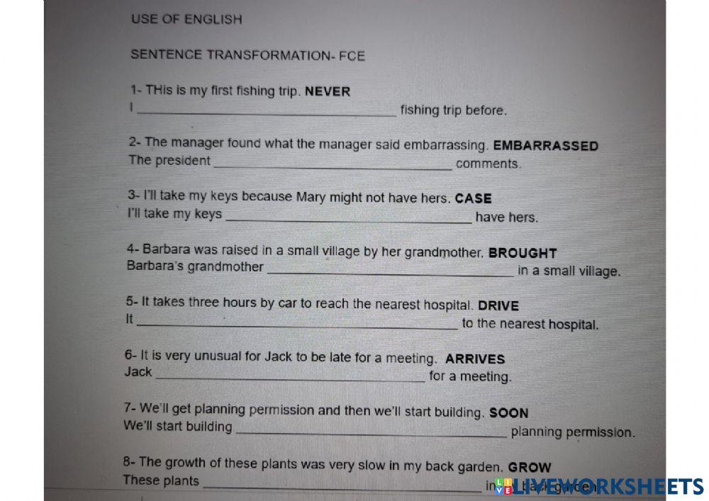 Sentence transformation online pdf exercise | Live Worksheets