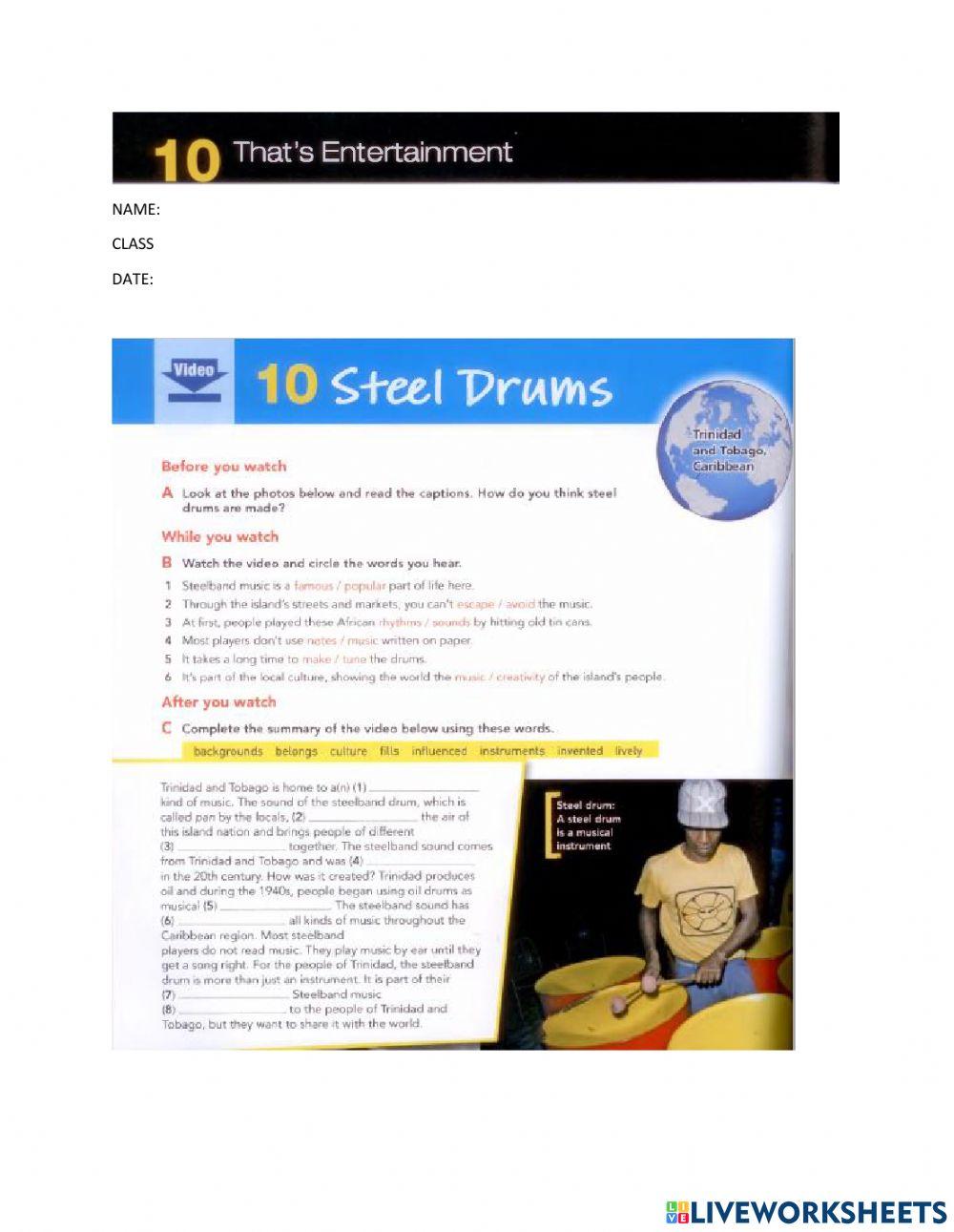 Steel drums worksheet | Live Worksheets