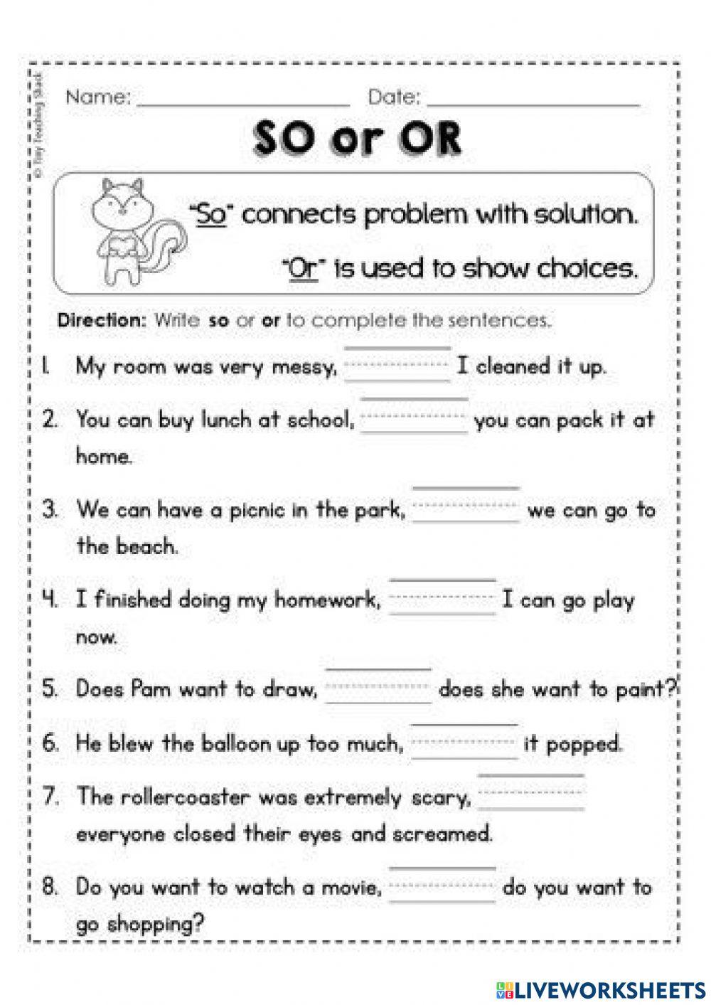 Conjunctio so .. or | thinashan | Live Worksheets