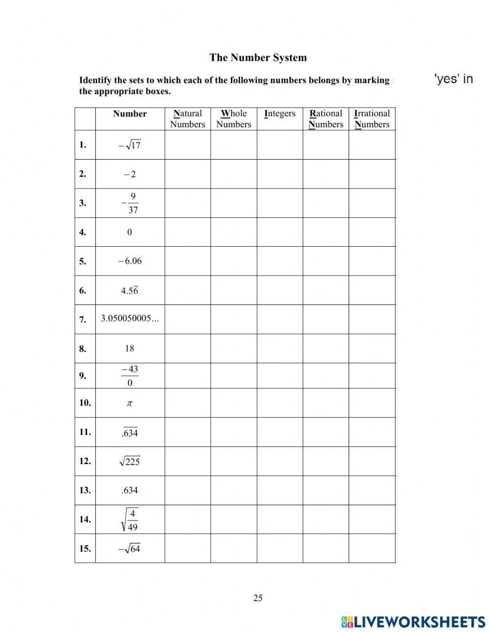 Classifying Real Numbers Online Exercise For | Live Worksheets