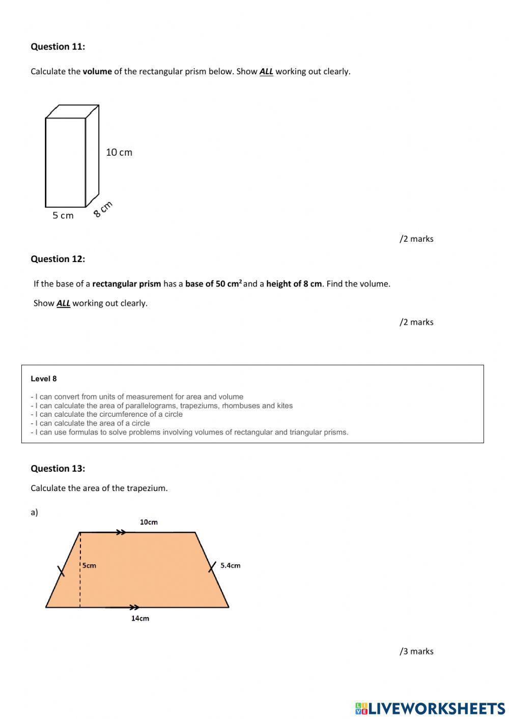 Year 8 Measurem… | Free Interactive Worksheets | 1494326