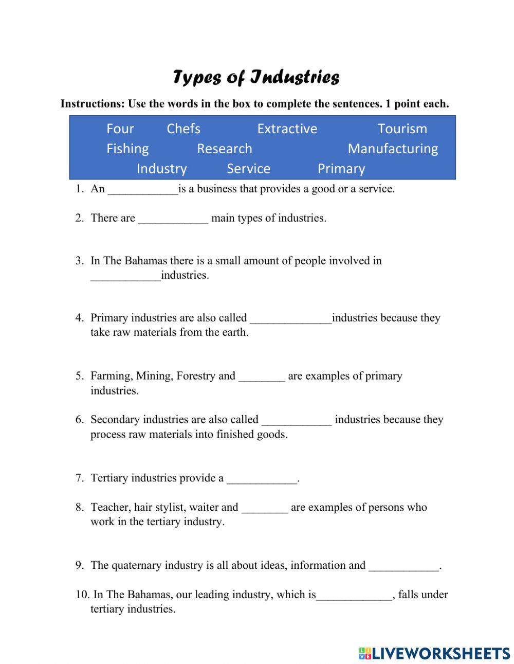 Types of Indust… | Free Interactive Worksheets | 5196630