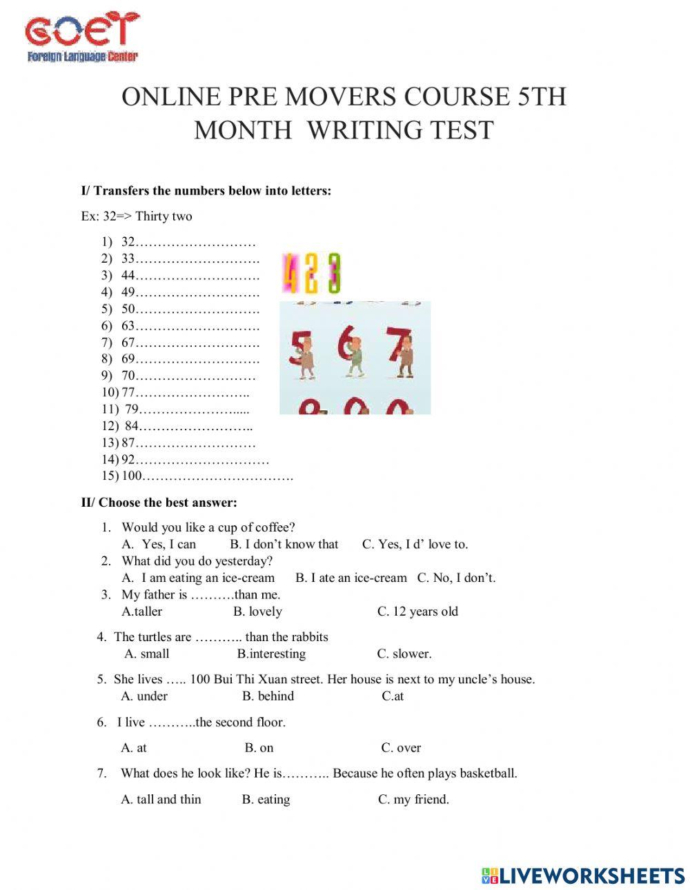 Pre movers prac… | Free Interactive Worksheets | 1495841