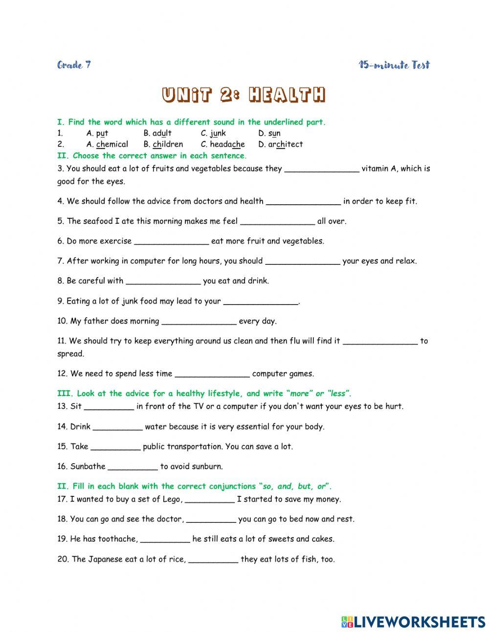 Unit 2: Health online activity | Live Worksheets