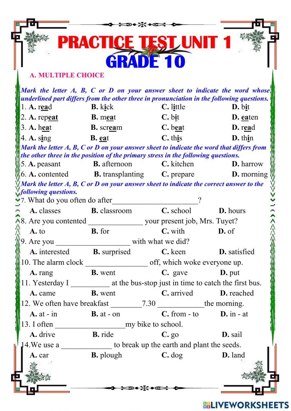 Practice test unit 1 grade 10 online exercise for | Live Worksheets