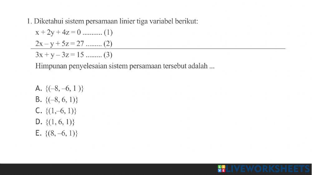 Latihan Soal SPLTV interactive worksheet | Live Worksheets