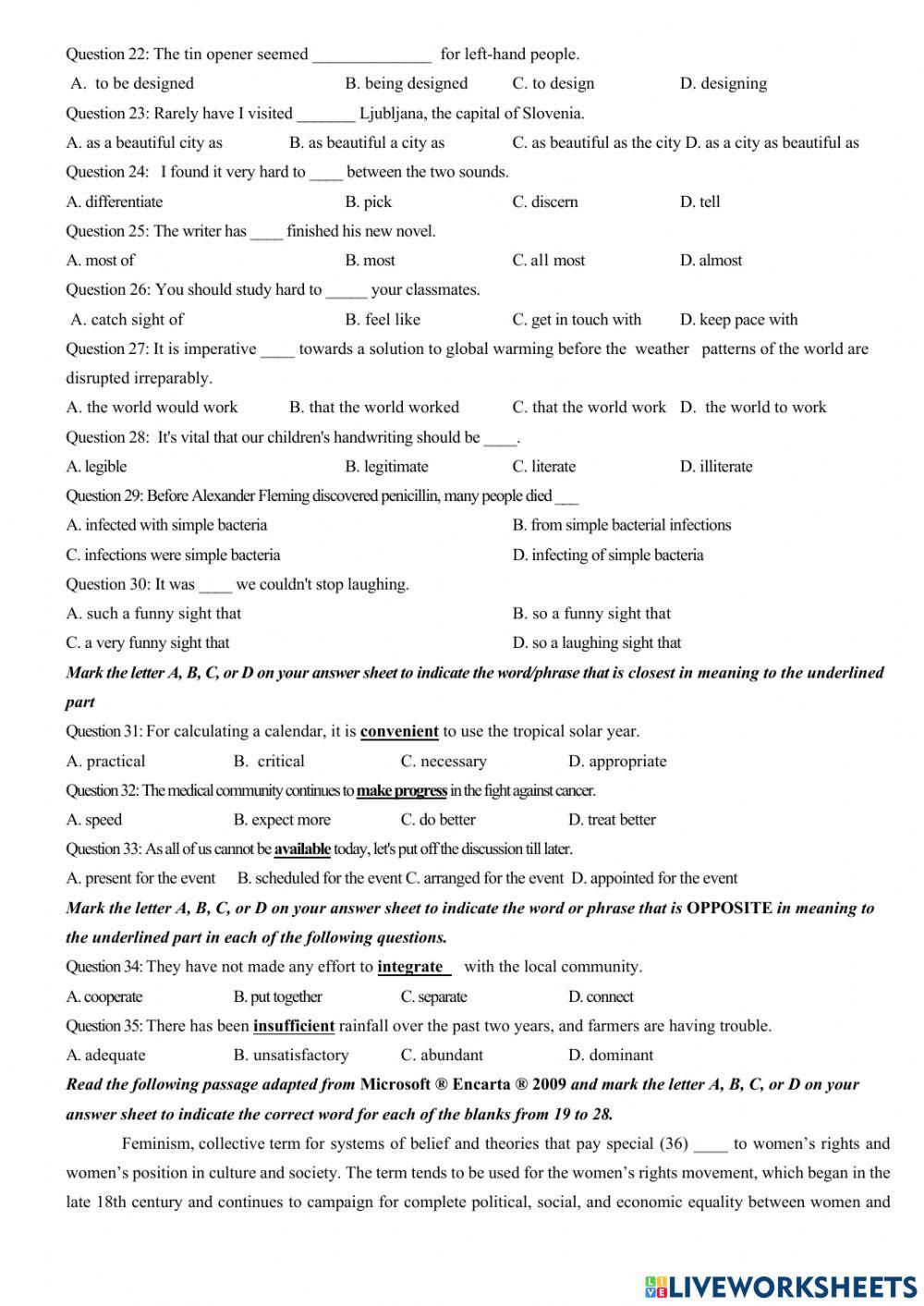 Mock test online exercise for 12 | Live Worksheets